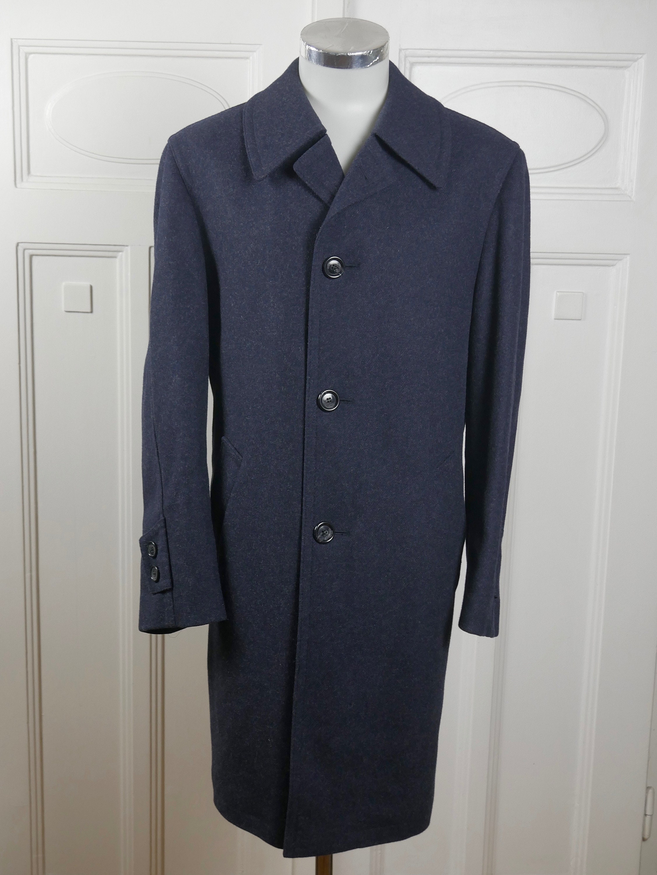 Blue Wool Overcoat, Men's German Vintage Classic 1980s Wall Street Coat ...