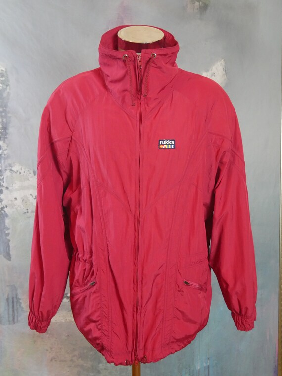 Red Nylon Jacket, 1990s European Vintage Zippered Ruk… - Gem