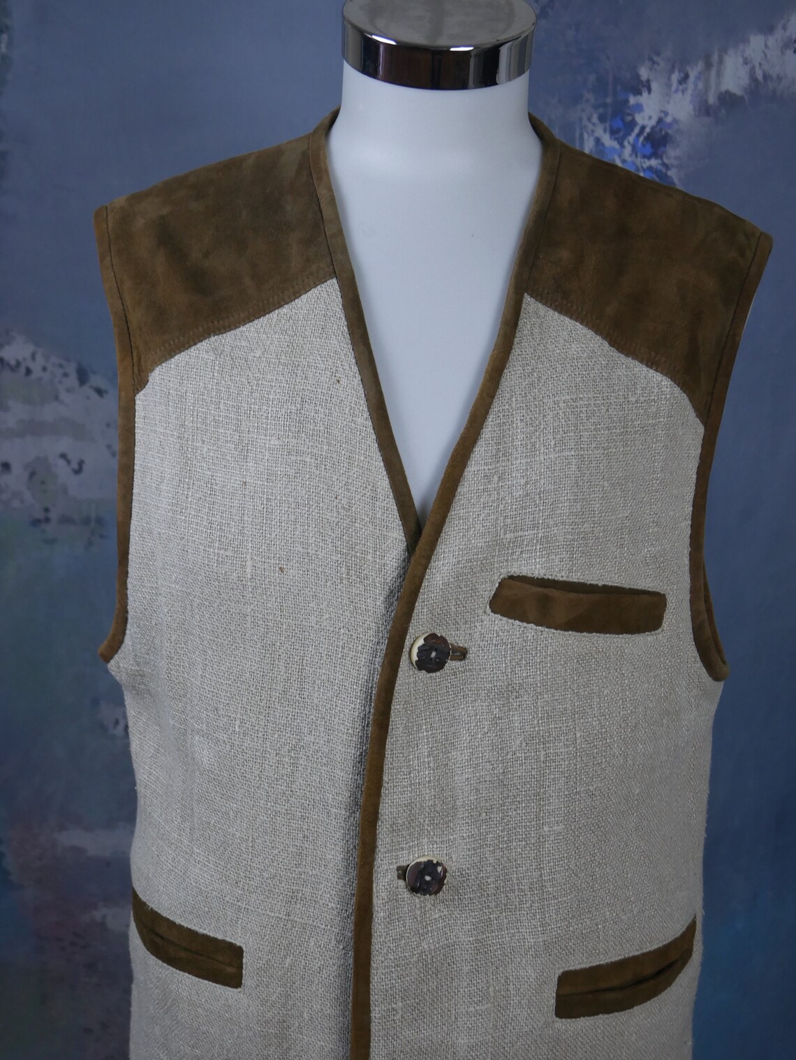 Austrian Trachten Vest Beige Linen & Brown Suede Leather | Etsy