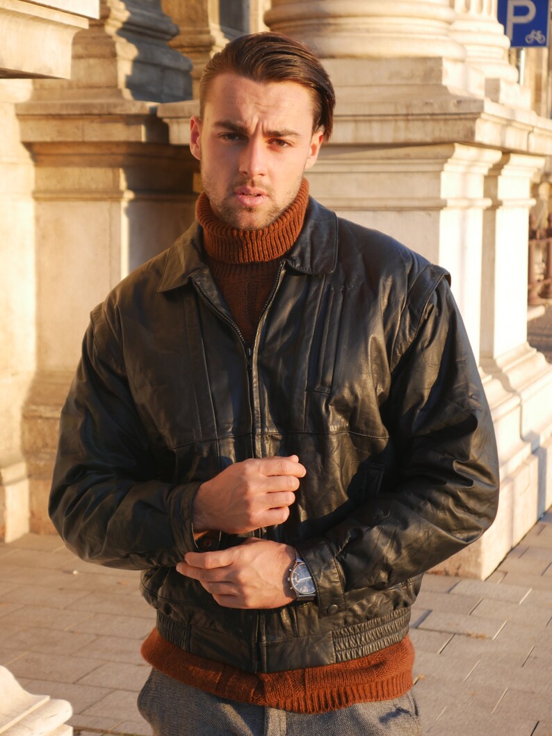 Retro Black Leather Jacket 1980s Vintage Zip up With - Etsy