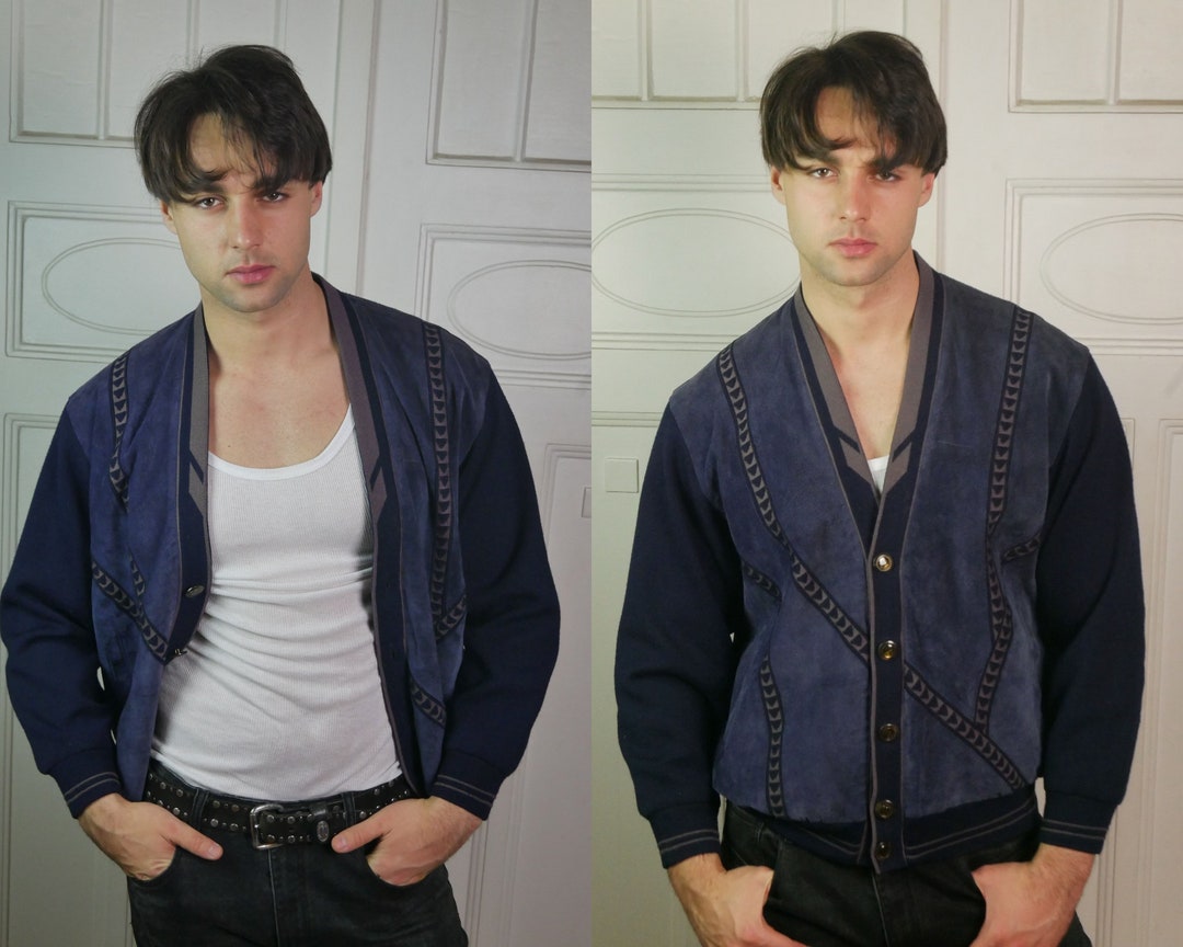 Blue Suede Bomber Jacket, 80s Vintage Men's Outerwear - Etsy