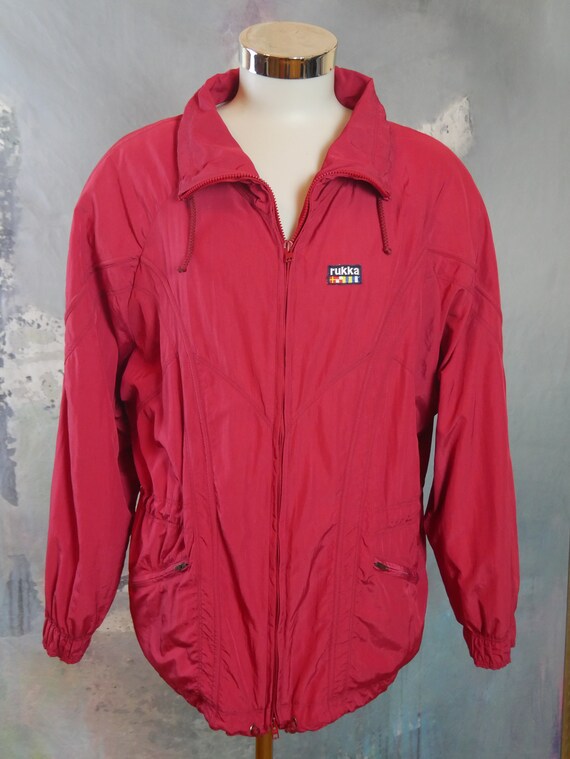 Red Nylon Jacket, 1990s European Vintage Zippered Ruk… - Gem