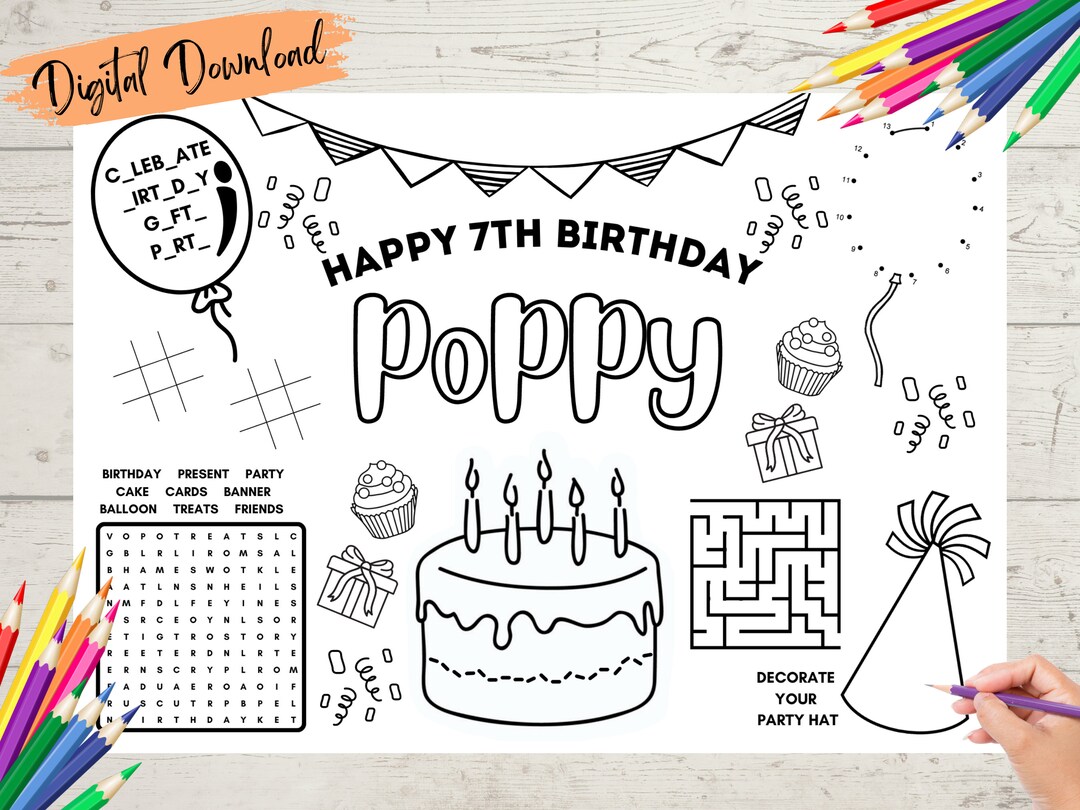 Children’s Birthday Activity Sheet- Colouring Sheet Page Custom ...
