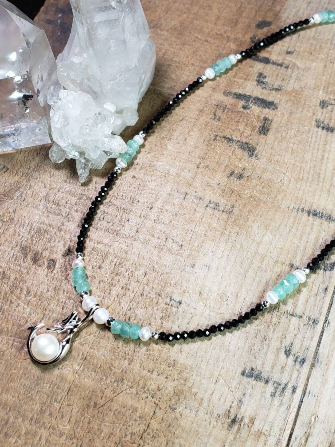 Black Spinel Pearl Mermaid Choker Sterling Necklace Aqua Chalcedony ...