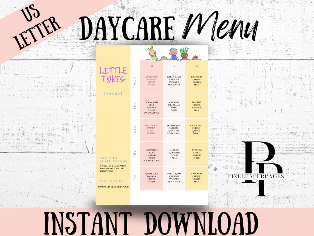Daycare Weekly Menu Printable,home Daycare Menu Planner, Home School ...
