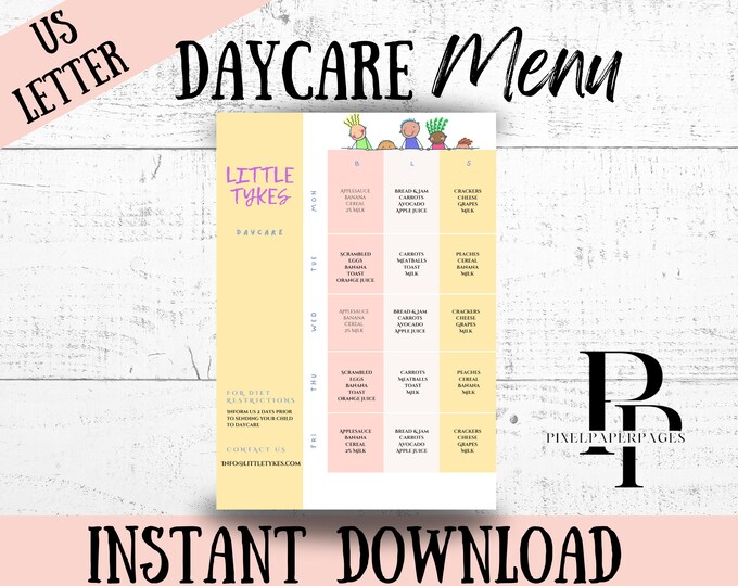 Editable Template 4-week Cyclical Menu for Children's Daycare Services ...