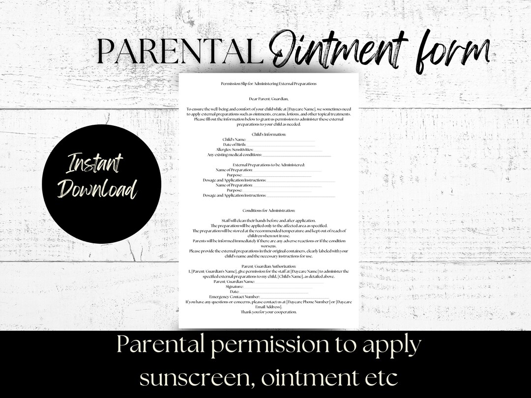 Parental Ointment Permission Slip,daycare Forms,daycare,preschool,in ...