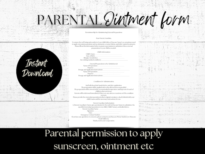 Parental Ointment Permission Slip,daycare Forms,daycare,preschool,in ...