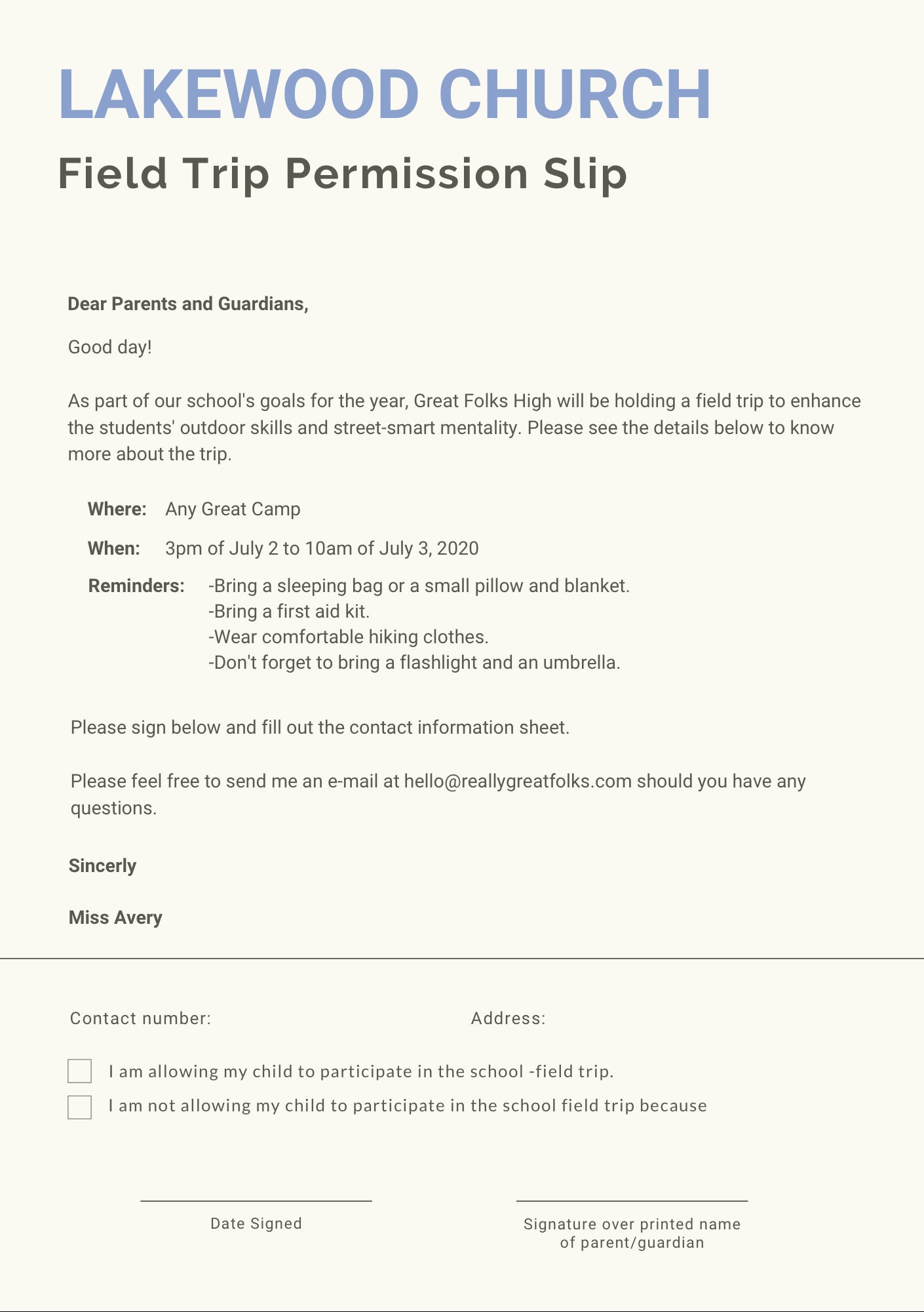 Church Field Trip Permission Slip,field Trip Letter,childcare,field ...