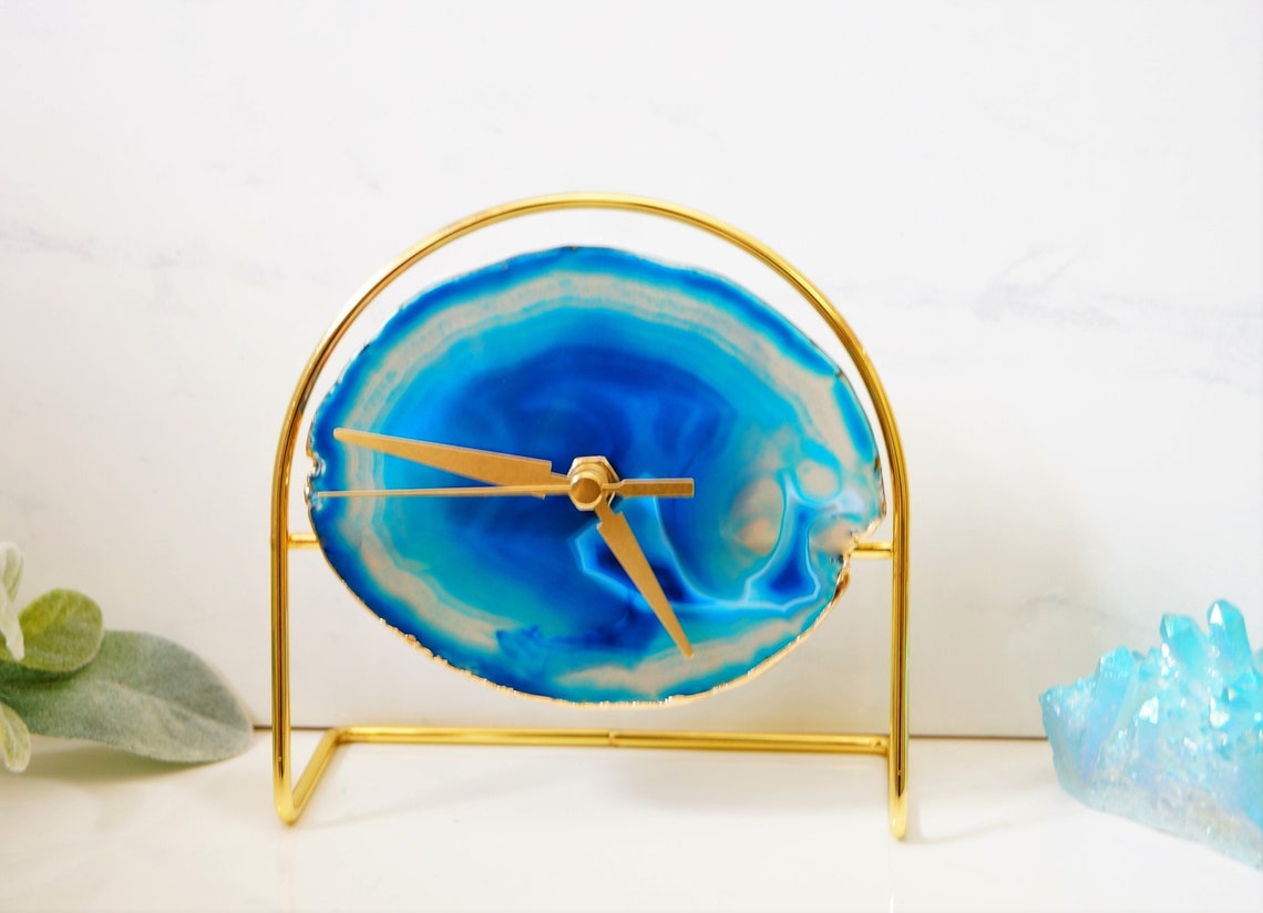 Blue Agate Silver Clock -sky Blue Modern Desk Clock , Geode Desk Clock ...