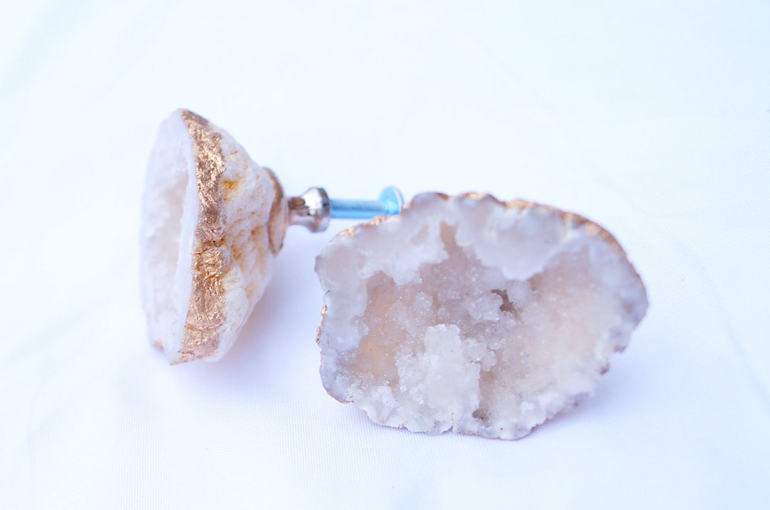 Natural Geode Rock Crystal Knob, Geode Quartz With Gold Trim Set of 6 ...