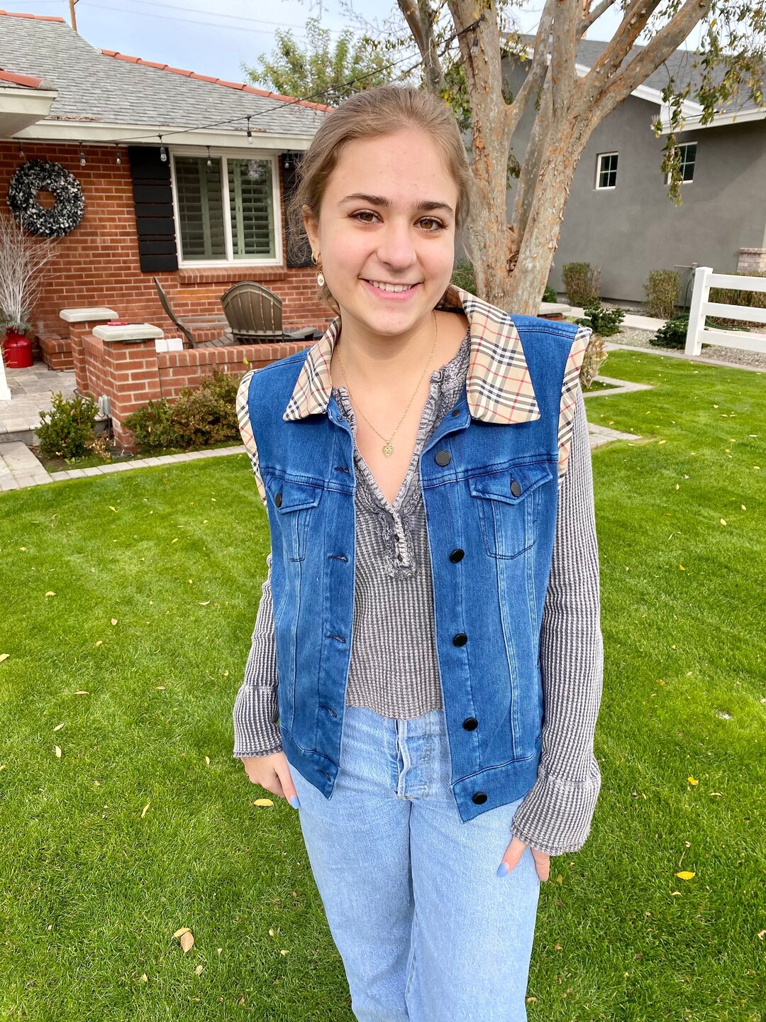 Famous Tartan Plaid Vest Denim Vest Upcycled Denim Vintage - Etsy