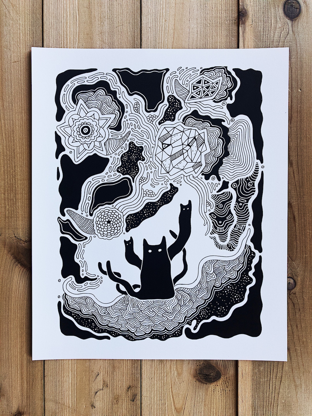 Inky Ghost Cats II - 9" X 11" Art Print - Intricate Pen & Ink ...