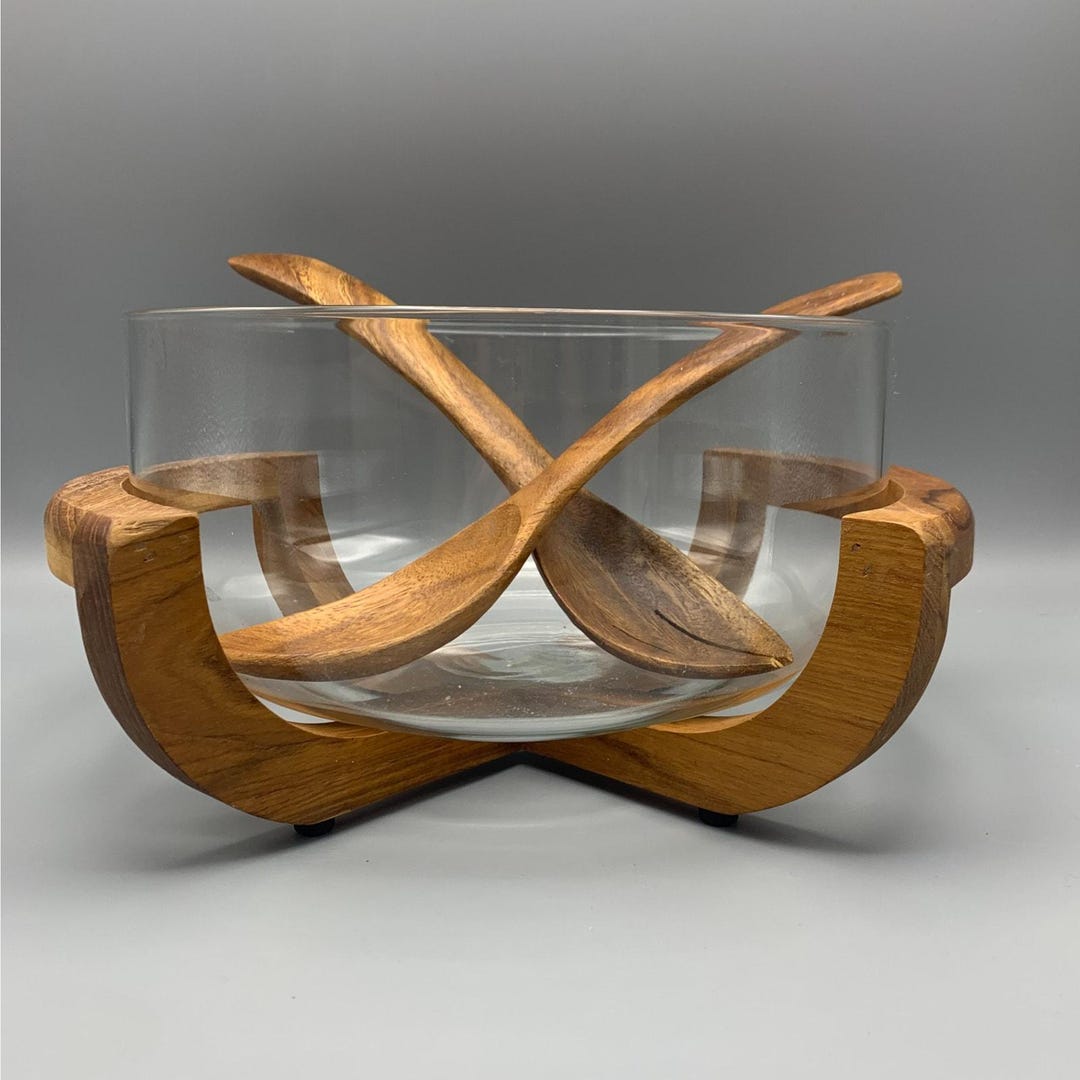 Dolphin Teak Wood Salad Bowl MCM Cradle Holder Glass Bowl Wooden ...