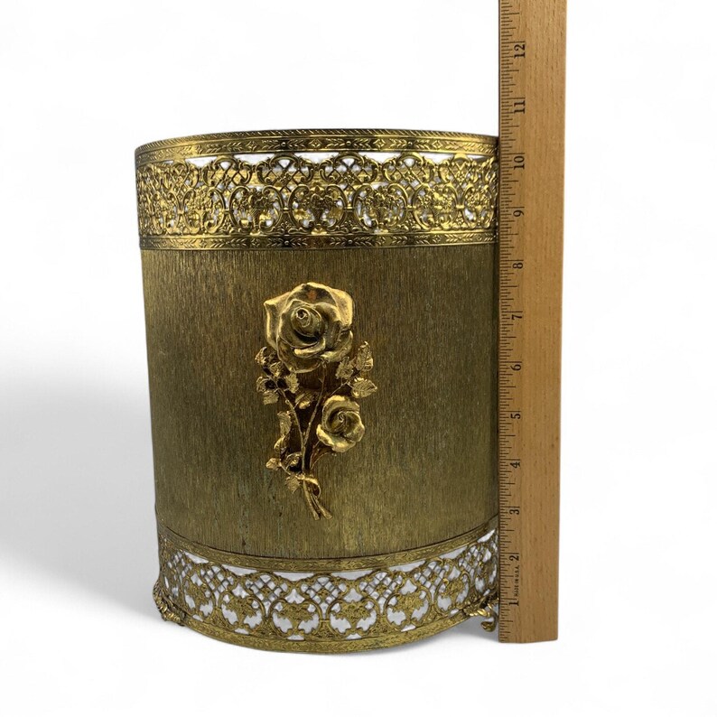 Hollywood Regency Filigree Metal Trash Can Gold Rose MCM Style No Liner ...