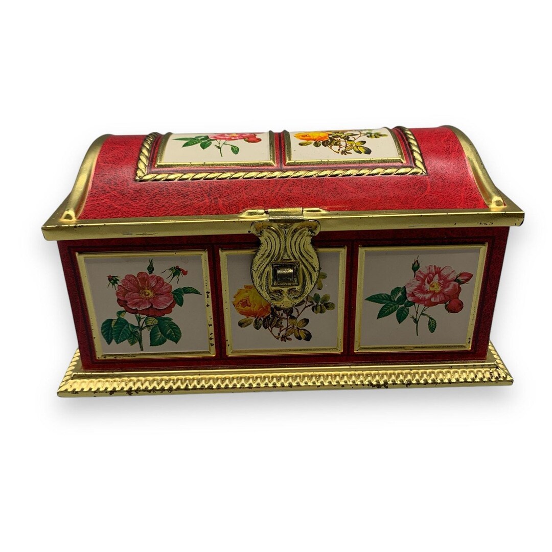 Linette Metal Candy Tin Trinket Box Red Floral Roses Pink West Germany ...