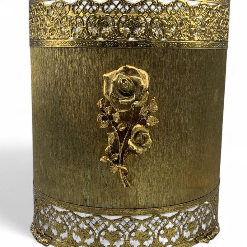 Hollywood Regency Filigree Metal Trash Can Gold Rose MCM Style No Liner ...