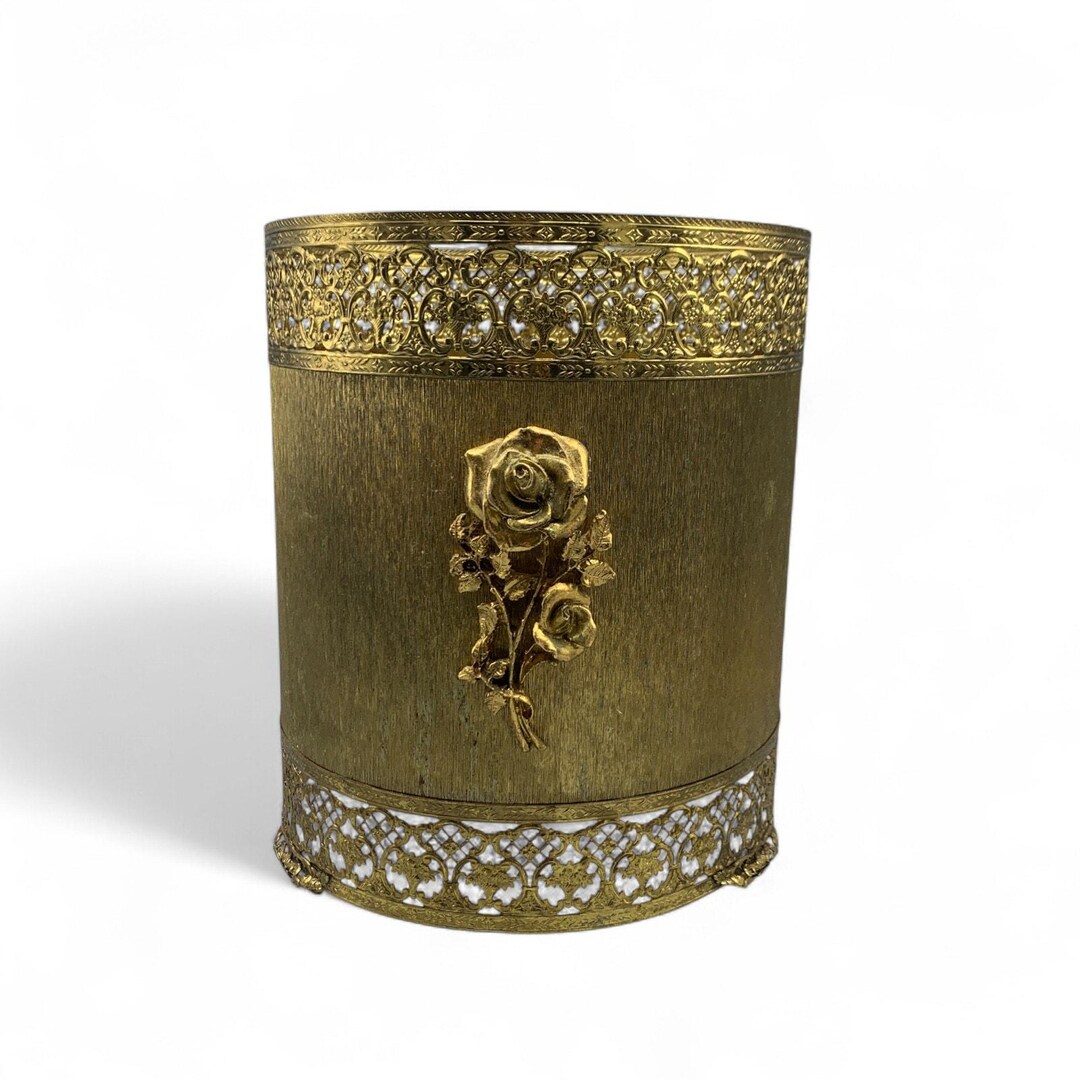 Hollywood Regency Filigree Metal Trash Can Gold Rose MCM Style No Liner ...