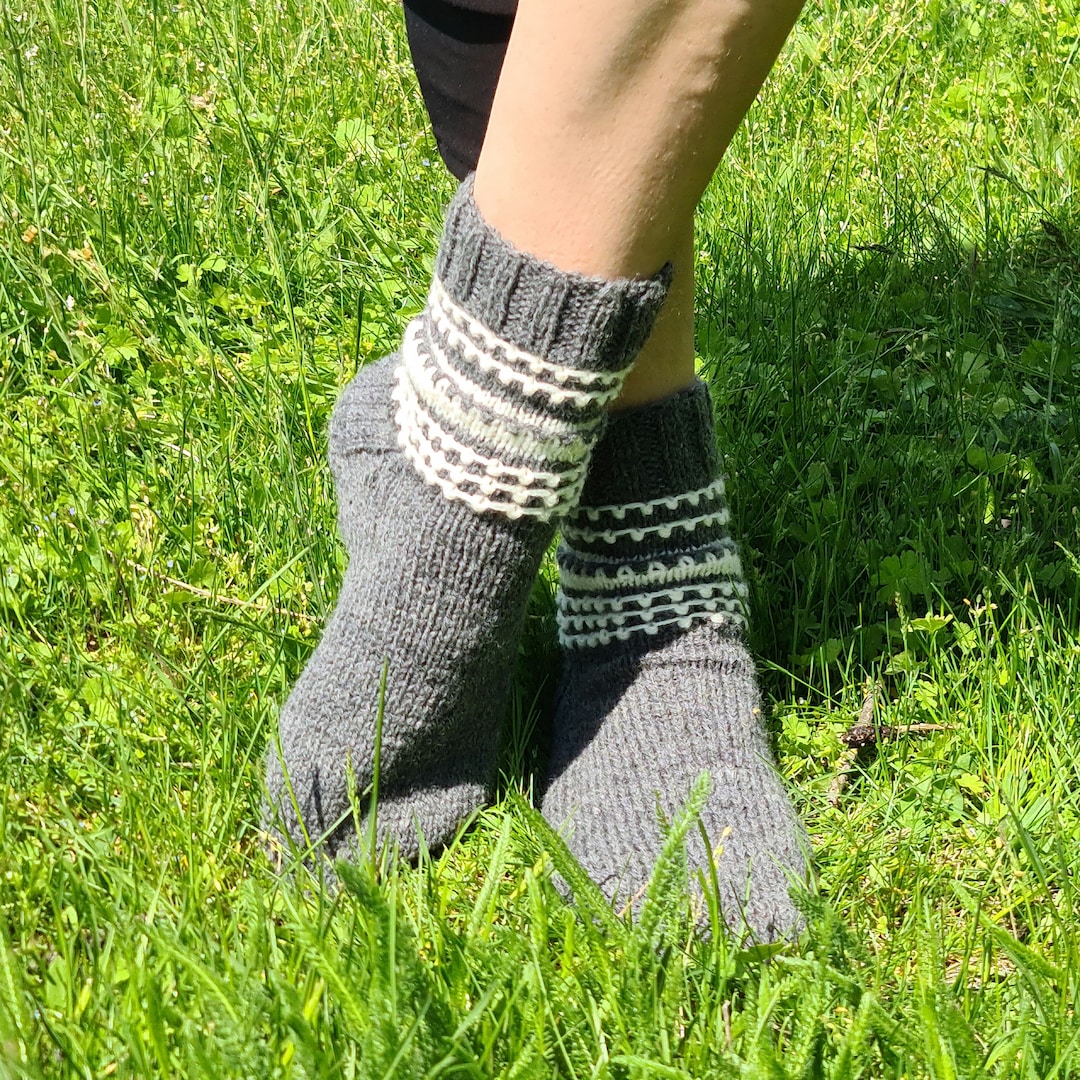 Hand-knit Gray Socks With White Stripes - Cozy Woolen Striped Socks ...