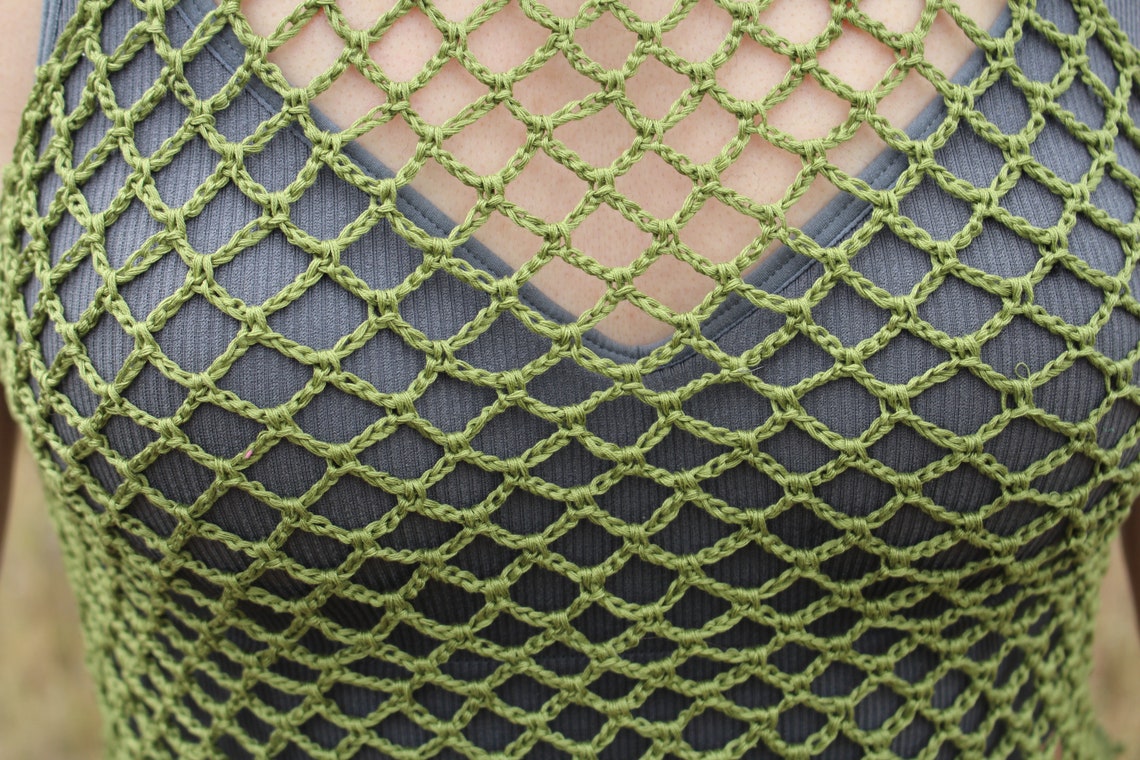Green See Through Top Fishnet Cropped Cover-up Hand-knitted - Etsy
