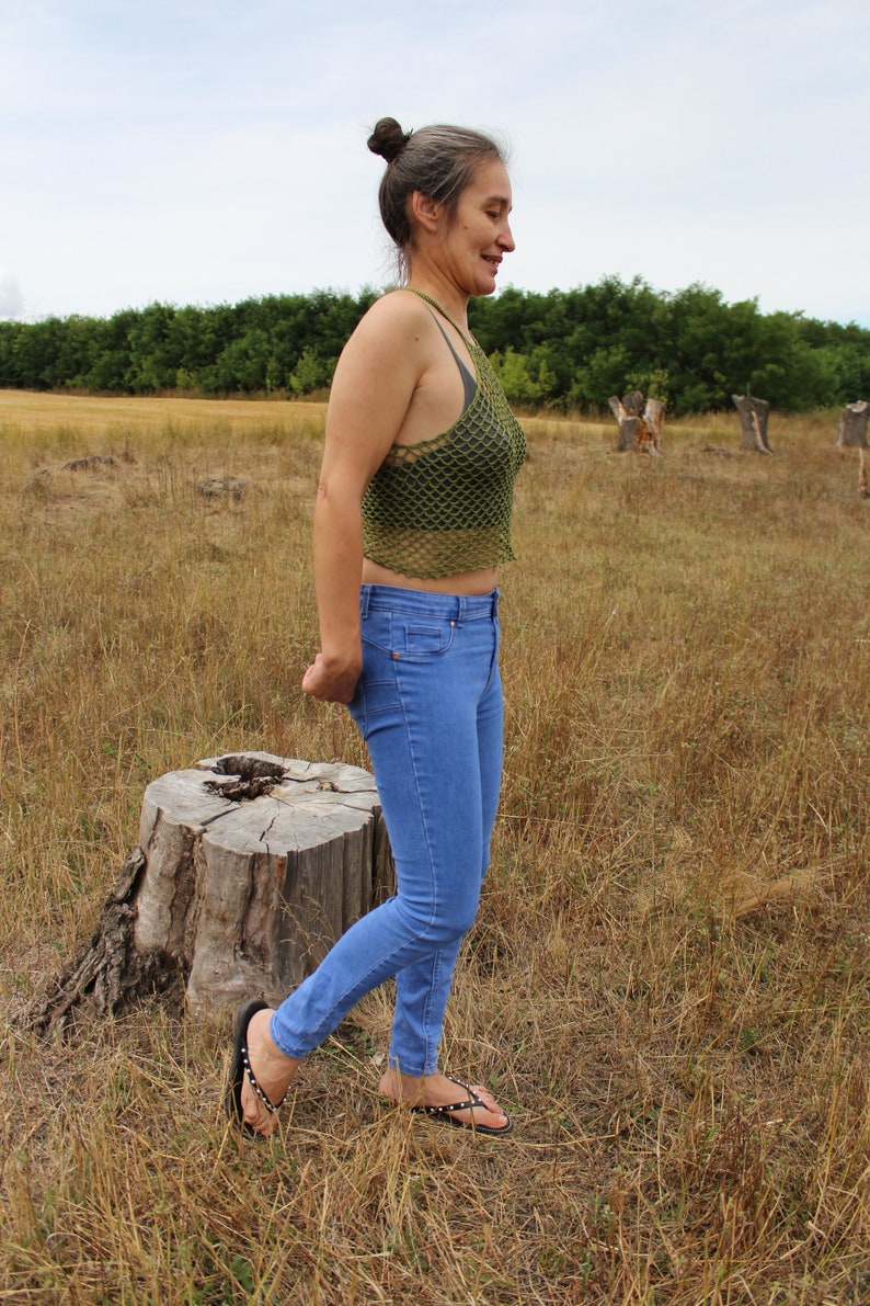 Green See Through Top, Fishnet Cropped Cover-up, Hand-knitted Women's ...