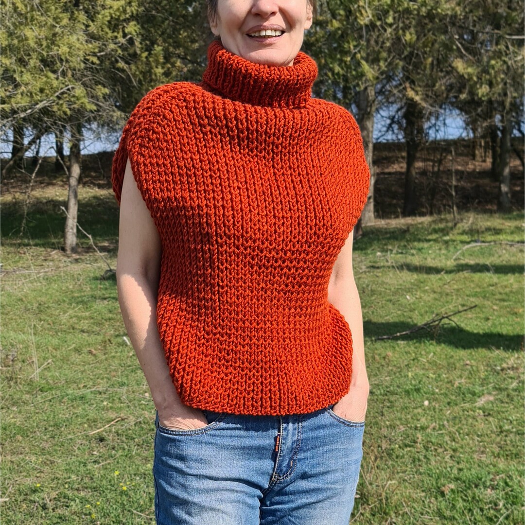 Orange Cable-knit Turtleneck Sweater Vest - Smart Casual Vest for Woman ...