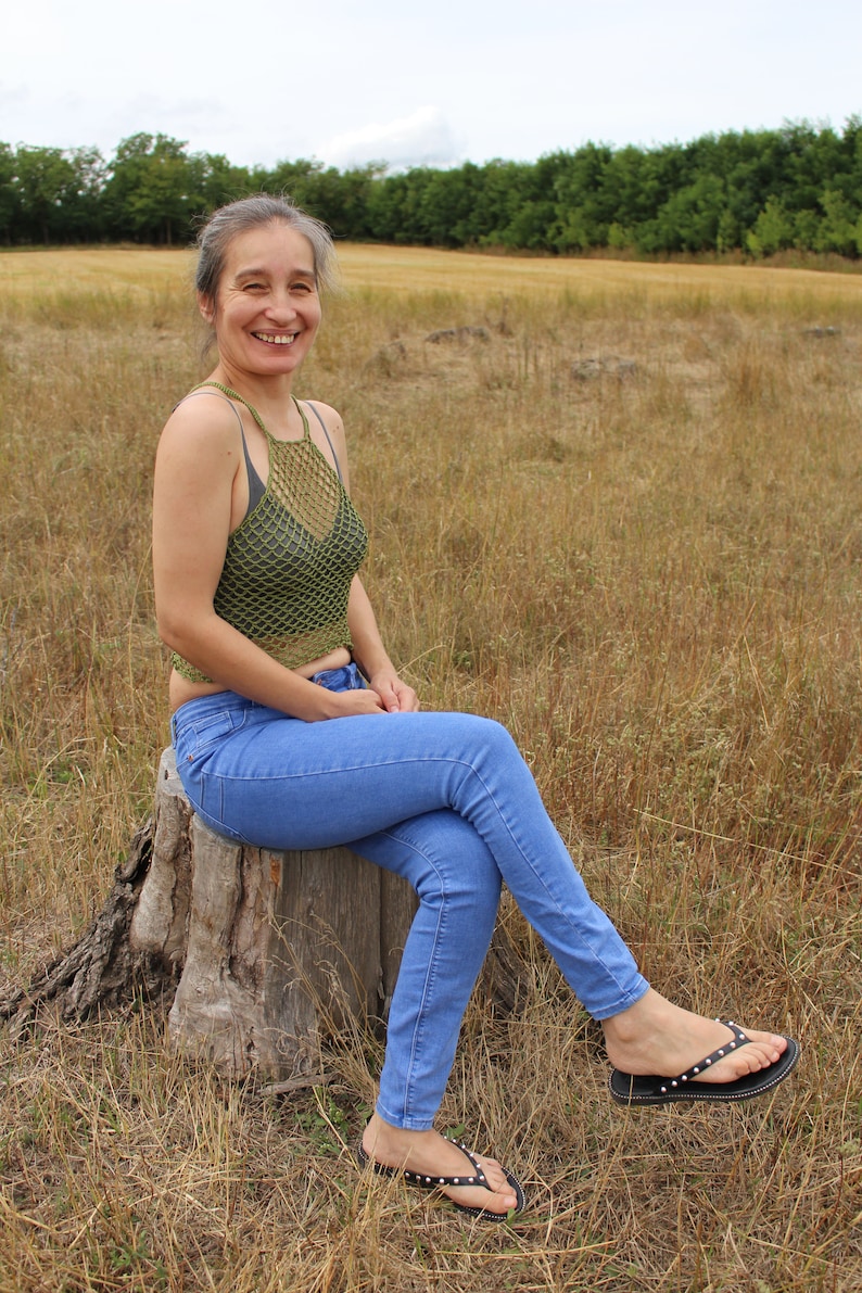 Green See Through Top, Fishnet Cropped Cover-up, Hand-knitted Women's ...