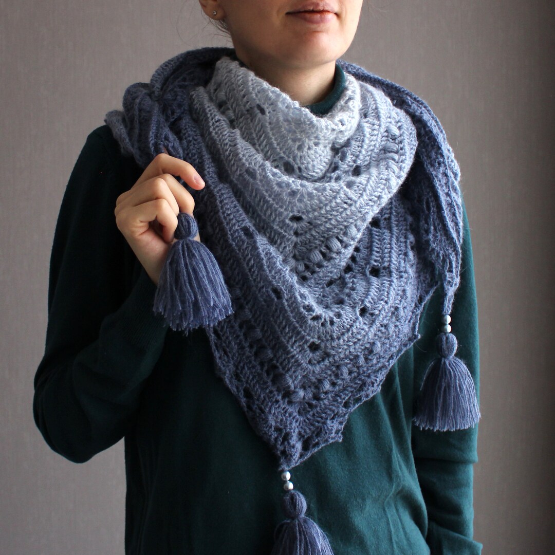 Gradient Angora Lace Shawl: Gray Triangle Tassel Scarf - Etsy
