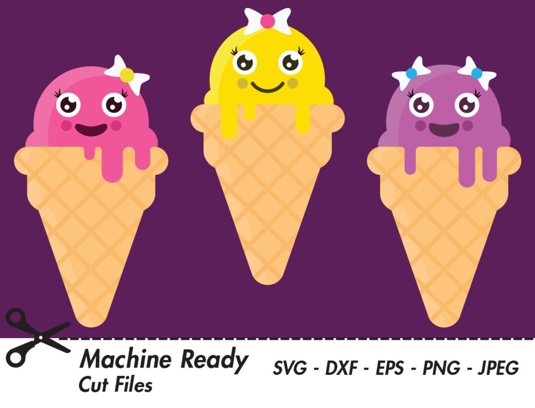 Cute Ice Cream Cone SVG Cut Files, PNG Ice Cream Cones Clipart, Kawaii ...