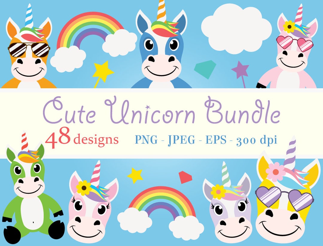 Cute Unicorn Clipart Bundle, PNG Rainbow Clip Art, Happy Unicorn Face ...