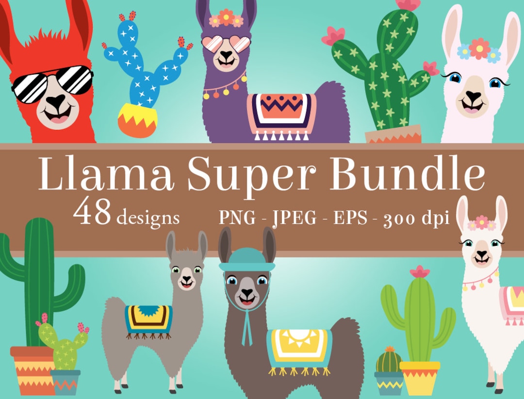 Llama Clipart Super Bundle, Llamas Clip Art PNG, Printable Cactus Art ...