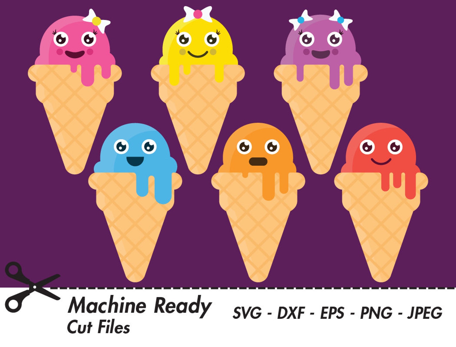 Cute Ice Cream Cone SVG Cut Files, PNG Ice Cream Cones Clipart, Kawaii ...