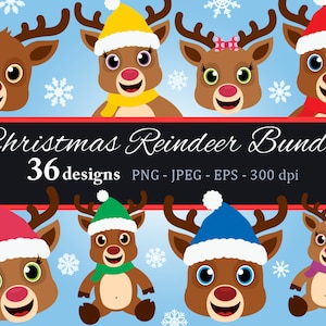 Christmas Reindeer Bundle Clipart, PNG Reindeer, Cute Baby Reindeer ...