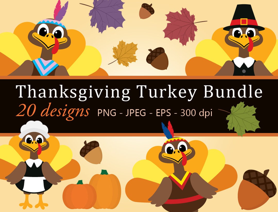 Thanksgiving Turkey Bundle Clipart, Native American Clipart, Pilgrim ...