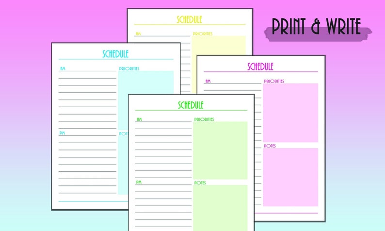 Simple Write- in Daily Schedule Template, Colorful and Printable, PDF ...
