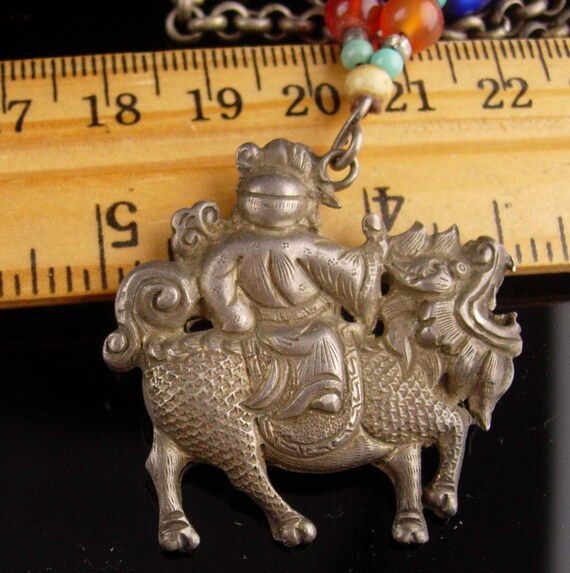 Antique Qing Dynasty Chinese necklace - sterling Boy… - Gem