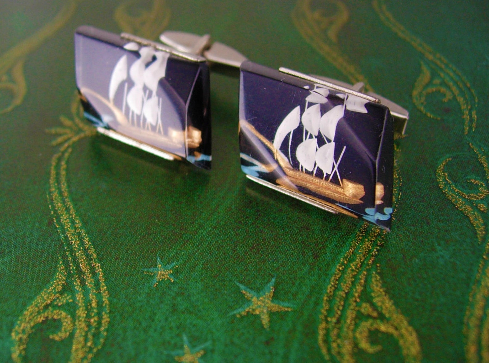 Vintage Ship Cuff Links Lucite Reverse Paint Cufflinks Chinese | Etsy