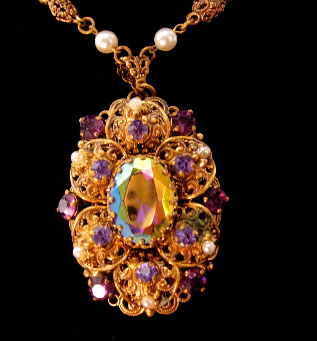 Vintage Baroque Purple Rhinestone Necklace - 2 " Victorian Filigree ...