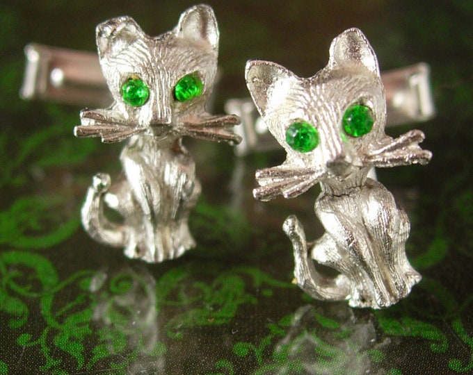 Exotic Cat Cufflinks Silver Green Rhinestone Eyes Vintage Textured ...