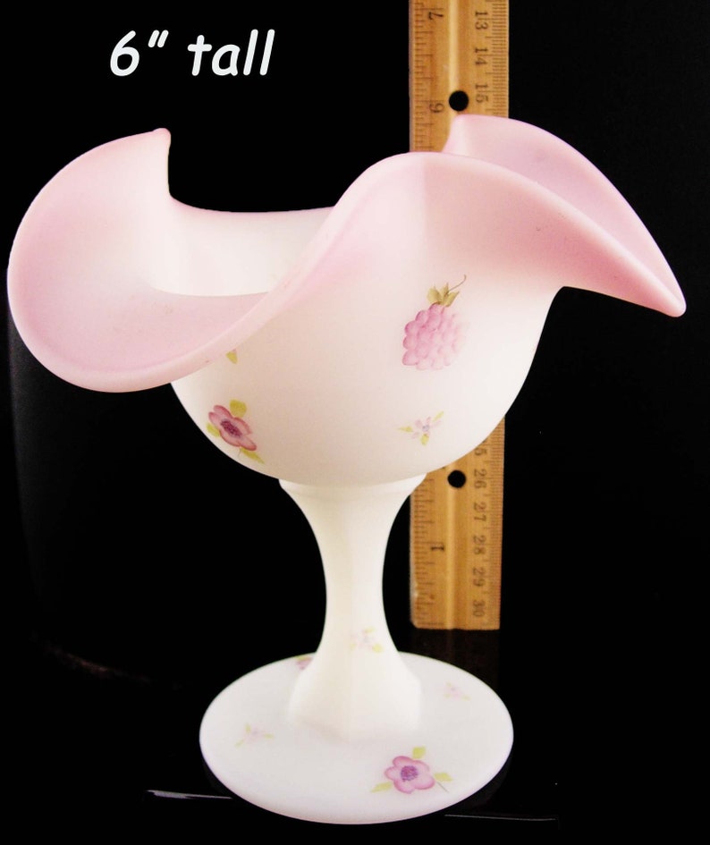 Fenton Pink Satin Glass Signed Compote Raspberries and - Etsy