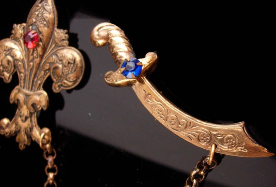Antique Cloak Clasp with chains - large Fleur de lis … - Gem