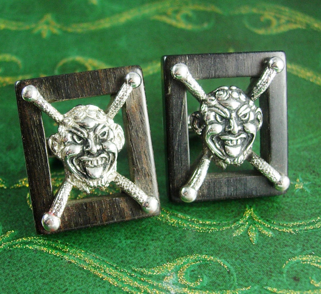 Grotesque Silver DEVIL Cufflinks Vintage Crossbones Demon Large Wood ...