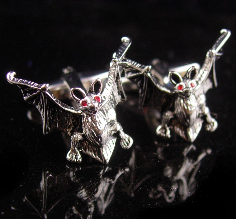 Spooky Bat Cufflinks Vintage Figural Set Silver Red Eye - Etsy