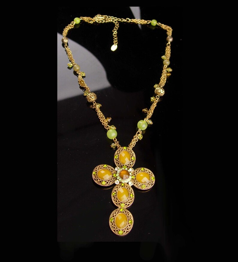 Gorgeous Gothic Cross Necklace Peridot & Amber Rhinestones | Etsy