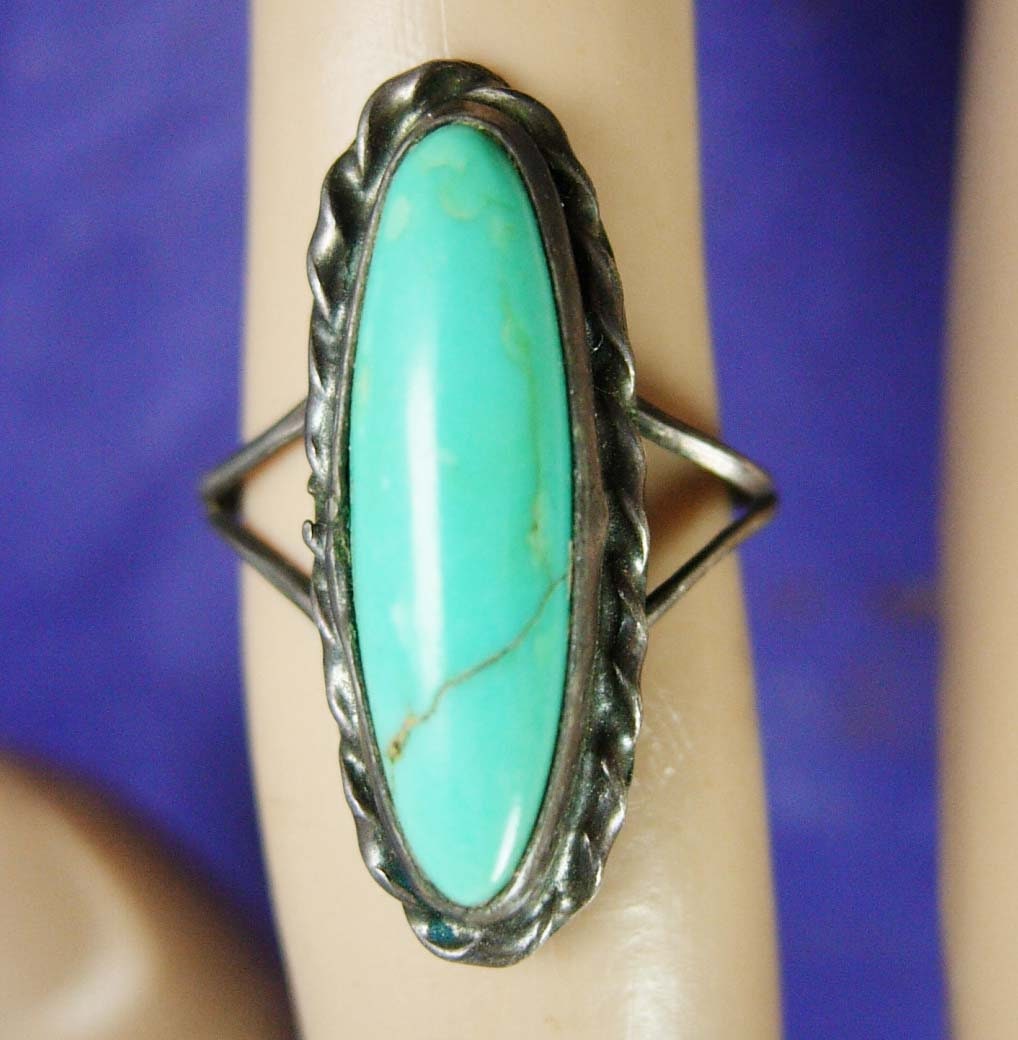 LONG Turquoise Ring Vintage Sterling Silver Size 3 1/2 - Etsy