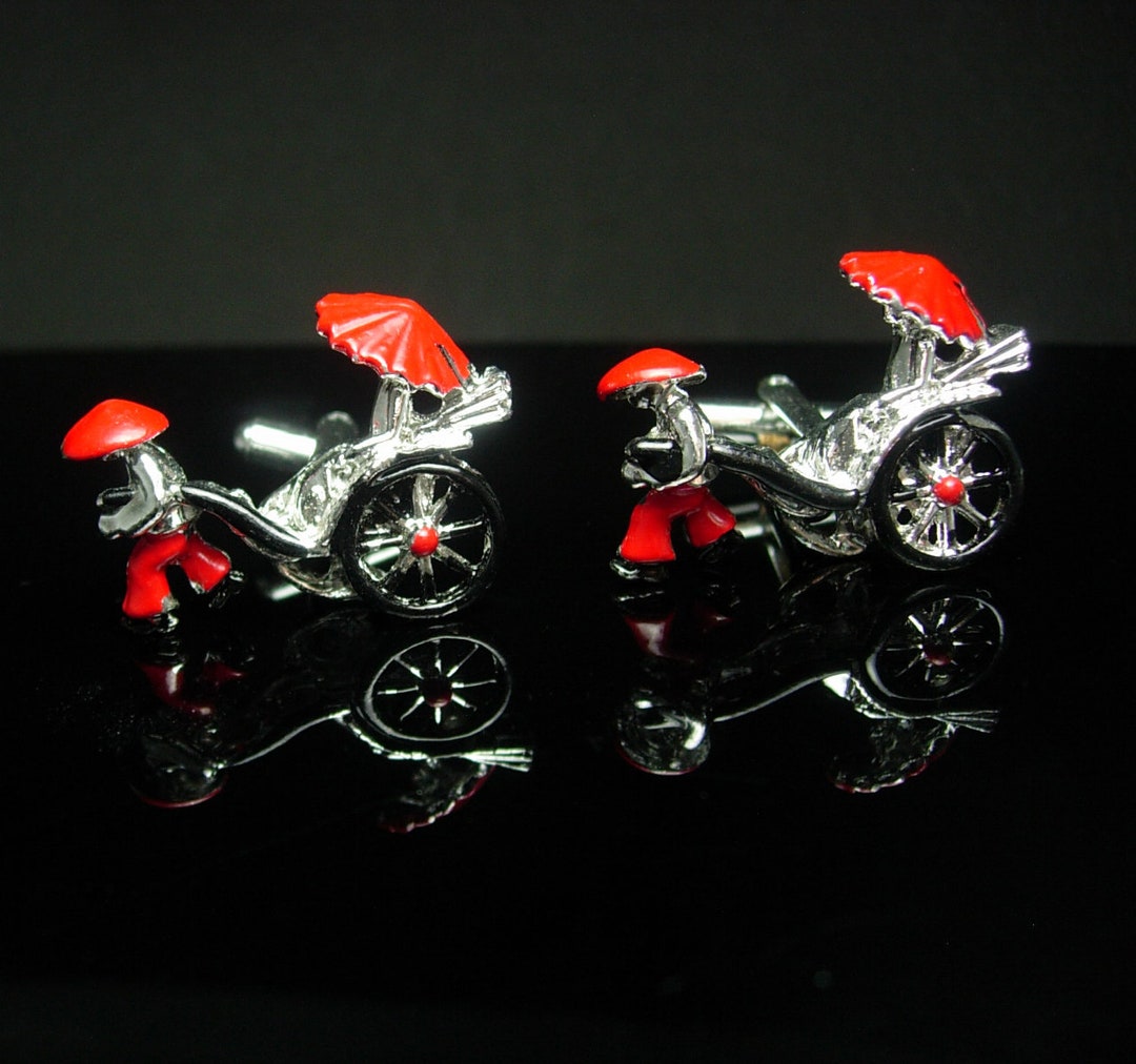 Silver Japan Vintage Cufflinks RICKSHAW Tie Clip Oriental HUGE Set Red ...