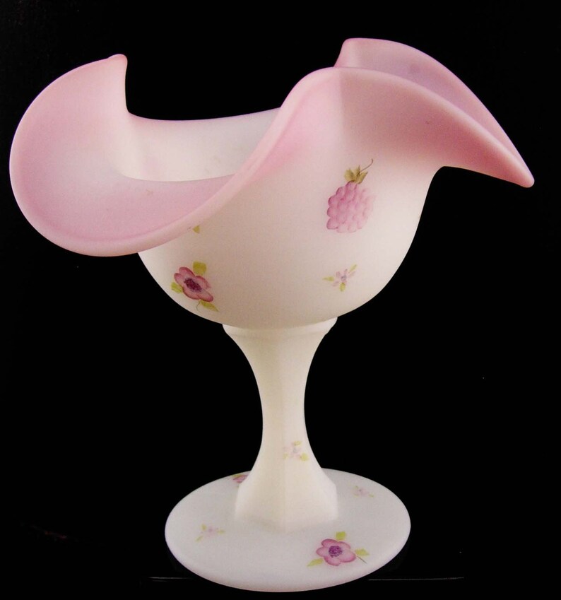 Fenton Pink Satin Glass Signed Compote Raspberries and - Etsy