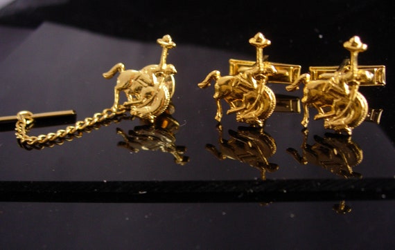 Cowboy cufflinks / vintage rodeo rider tie tack / gol… - Gem