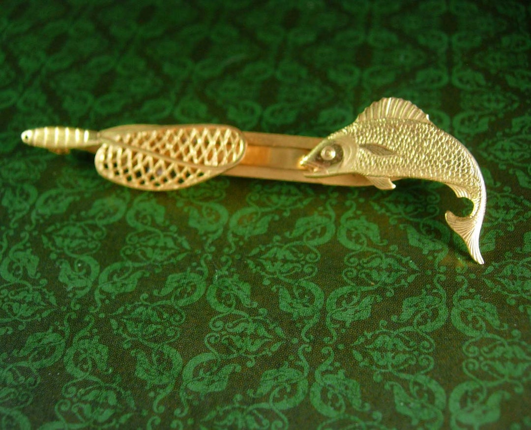 Extra Largetieclip Anson Fish Gold Hinged Tie Clip Vintage Bass and Net ...