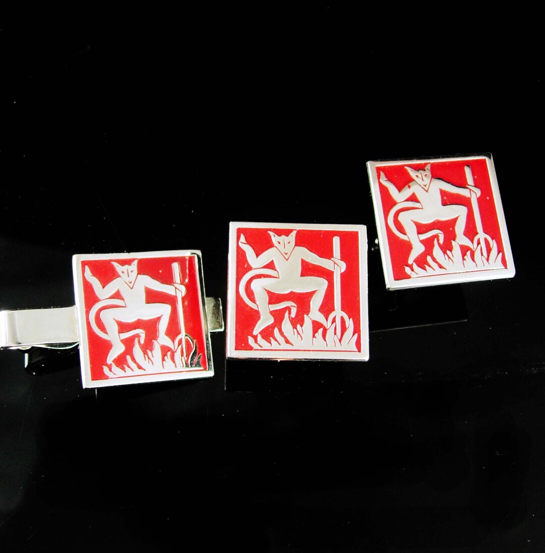 Naughty RED Devil Cufflinks Tie Clip Silver SWANK Demon Satan Grotesque ...